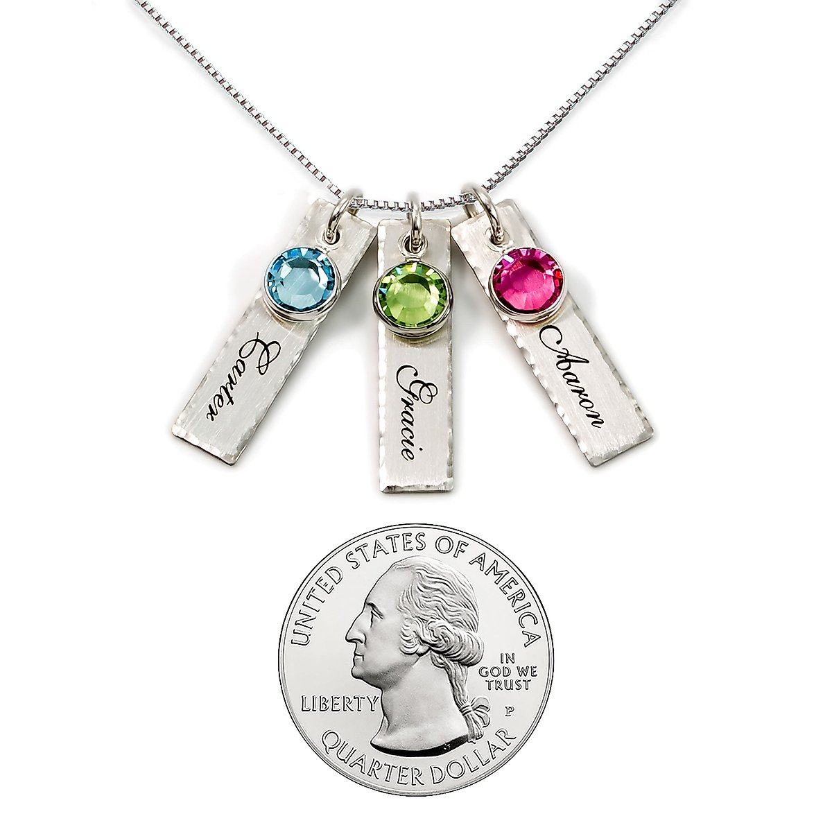 AJ's Collection Unity in Three Personalized Charm Necklace. Customize 3 Sterling Silver Rectangular Pendants with Names of Your Choice. Gifts for Her