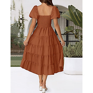 ZESICA Women's 2025 Summer Square Neck Short Puff Sleeve Solid Color High Waist Casual Smocked Flowy A Line Tiered Midi Dress,Rust,Small