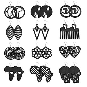 JOERICA 12 Pairs African Wood Earrings for Women Bohemian Wooden Drop Earrings Lightweight Statement Drop Earrings Set Ethnic Style