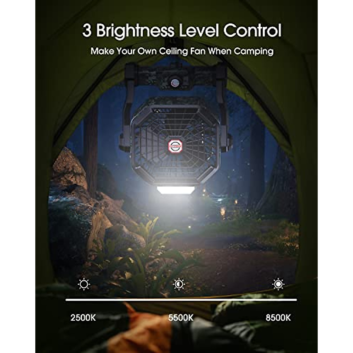 Camping Fan with LED Lantern, 10400mAh 8-Inch Rechargeable Outdoor Tent Fan, 270°Head Rotation, Stepless Speed and Quiet Battery Operated Personal USB Desk Fan for Camping, Office, Fishing, Travel