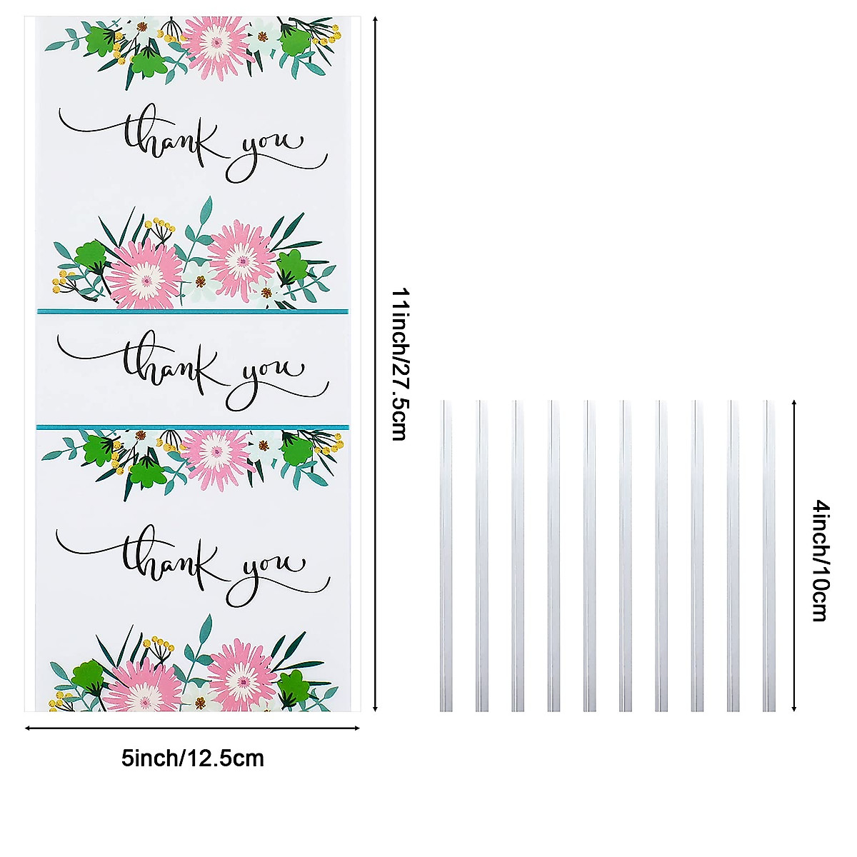 Zonon 100 Pieces Thank You Cellophane Bags Blessing Treat Bags Flower Pattern Cello Treat Party Bags with 150 Pieces Silvery Twist Ties