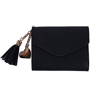 ZALING Women Leather Tassel Small Wallet Card Holder Zipper Coin Purses Black