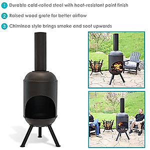 Sunnydaze 5-Foot Black Cold-Rolled Steel Modern Chiminea with Durable Wood Grate - Heat-Resistant Paint Finish