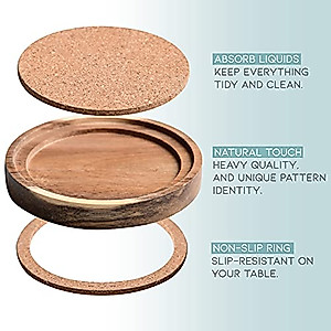 Acacia Wood Coasters for Drinks, 4.13 Inch, Set of 6, Absorbent and Insulation Cork Stackable Cup Holders, Rustic Coasters for Wooden Table, Designed by S1EGAN