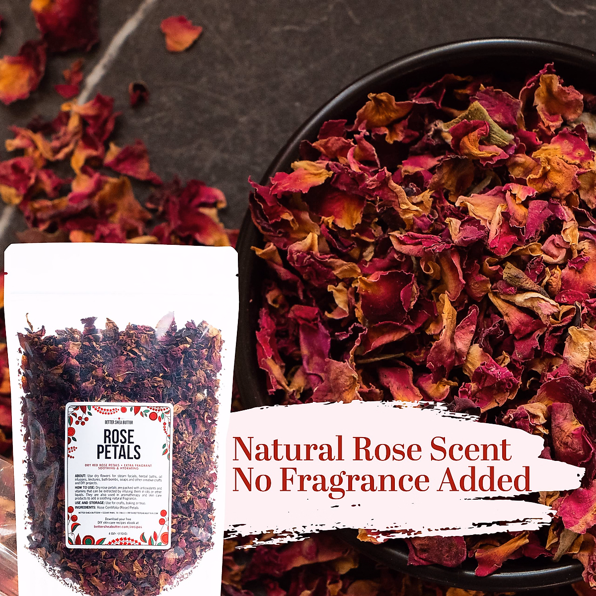 Dried Rose Petals | Edible, Food Grade Red Petals for Cooking and Tea | Suitable for Soap Making, Infused Oils, Lipgloss, Bath Bombs, Bath, Wedding Confetti | 4 oz by Better Shea Butter