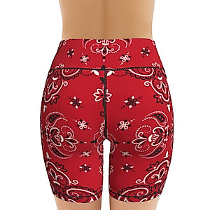 Red Bandanna Paisley Women's High Waist Bike Shorts for Workout Sports Athletic Running Hiking Biker Yoga Gym XL Size