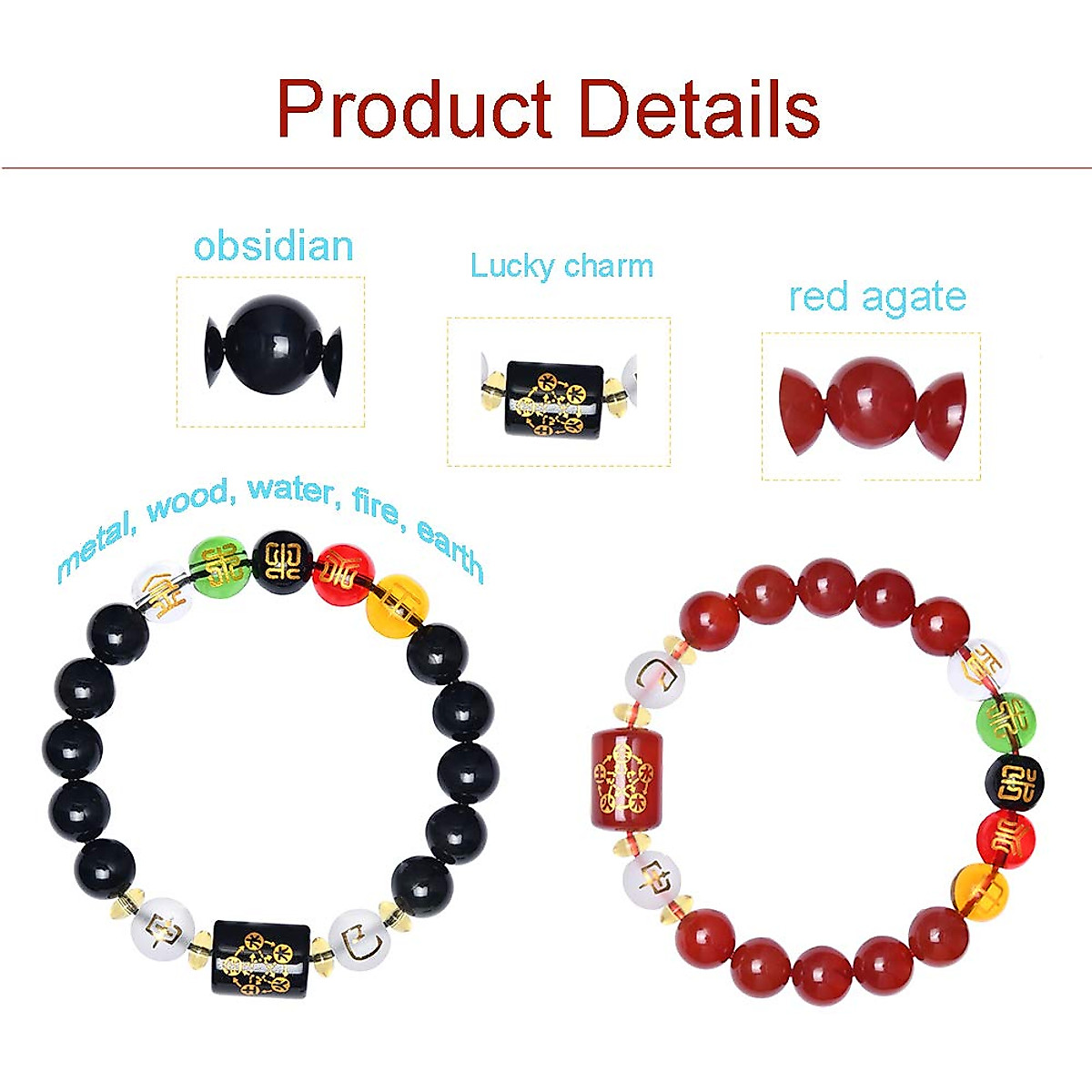 KESOCORAY Feng Shui Obsidian Red Agate Wealth Five-Element Yoga Pure Heart Bracelet for Good Luck