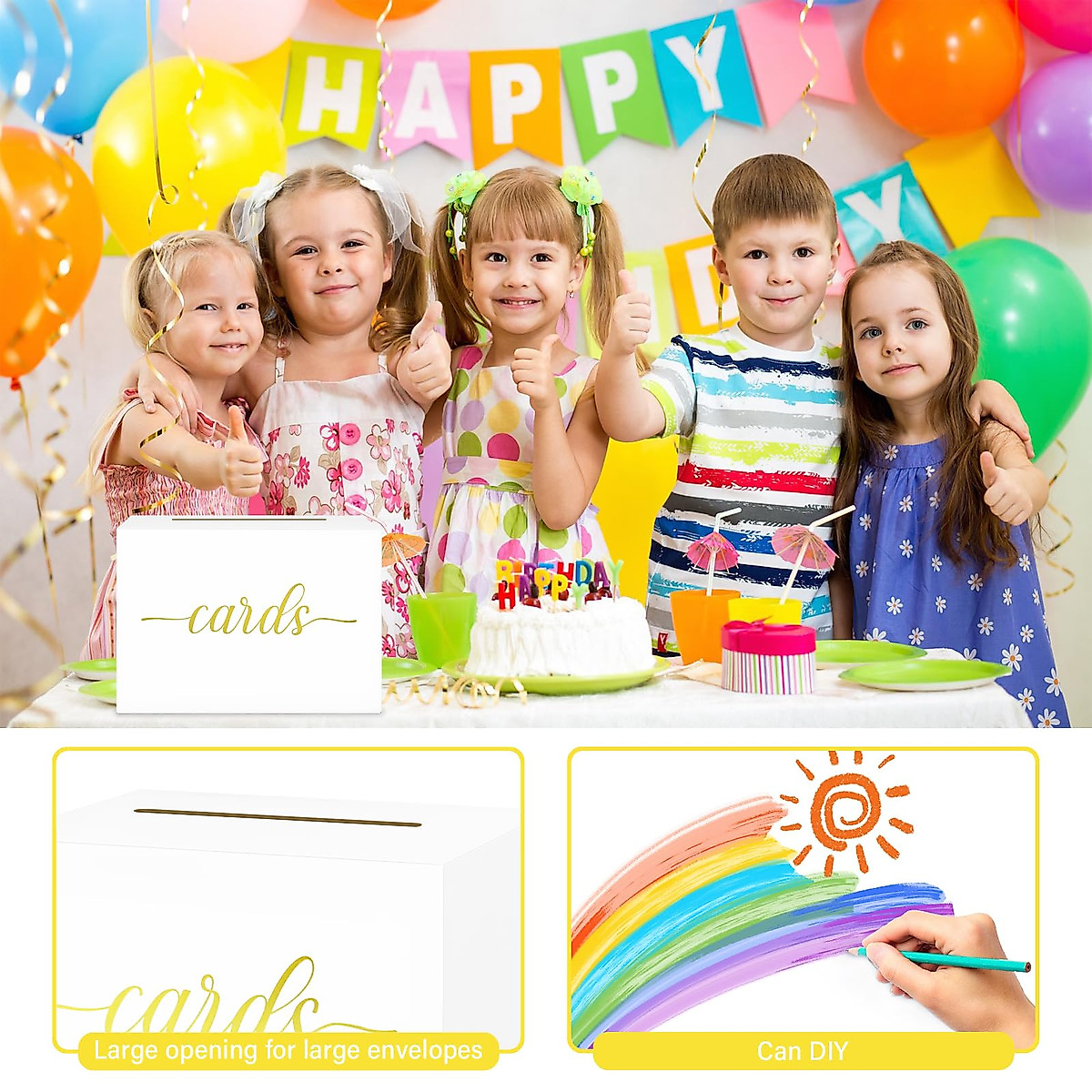 LIKAJON 1 Pack White and Gold Foil Card Box for Party, Wedding Card Box Gift Cards Receiving Box Money Box for Birthday, Bridal or Baby Showers, Retirement, Anniversary, Graduation, Raffle Ticket Box