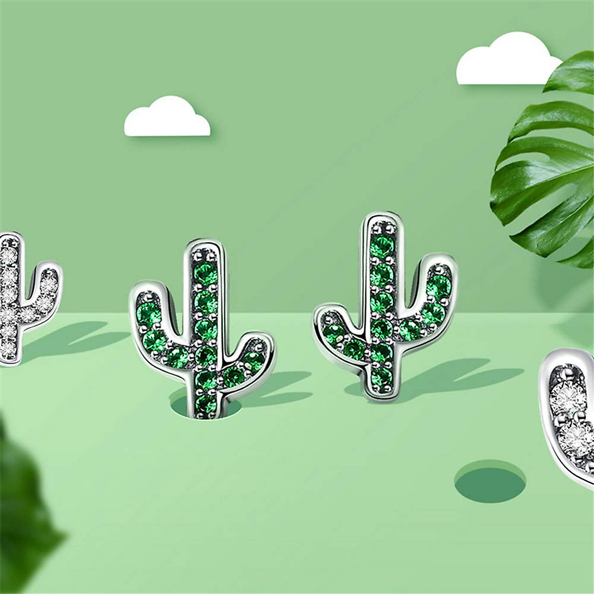 BISAER Cactus 925 Sterling Silver Stud Earrings with Green Cubic Zirconia, Green Plants Post Stud Earring Hypoallergenic Jewelry for Women