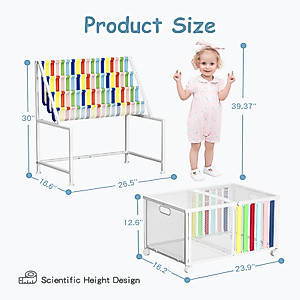 MESHDO Kids Book Shelf with Storage, 3 Sling Bookshelf for Kids, Metal Book Shelf for Kids Rooms, Bookcase with Toy Storage Organizer Box on Wheels for Nursery, Toddler's Room, Bedroom, Playroom