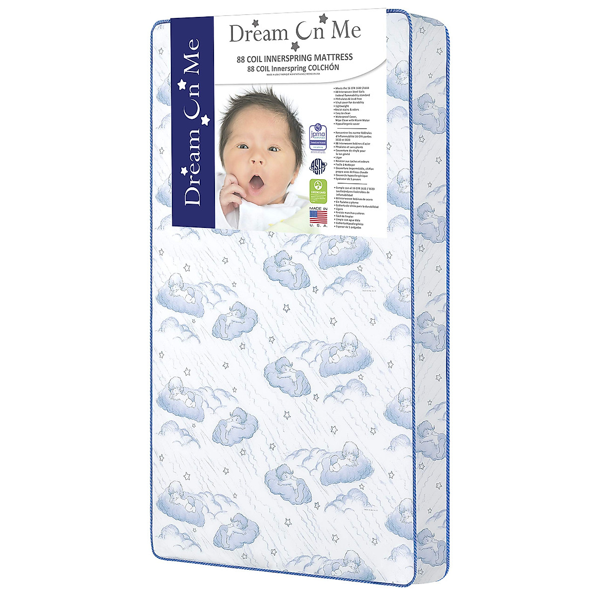 Dream On Me Sweet Dreams 88 Coil Spring Crib and Toddler Bed 6" Mattress in Blue, Green Guard Gold Certified, 17 lb