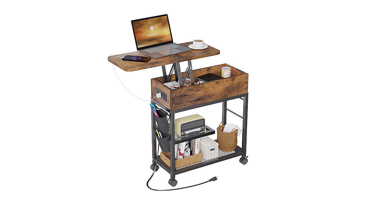 Colima Rustic Lift Top End Table with Charging Station & Wheels
