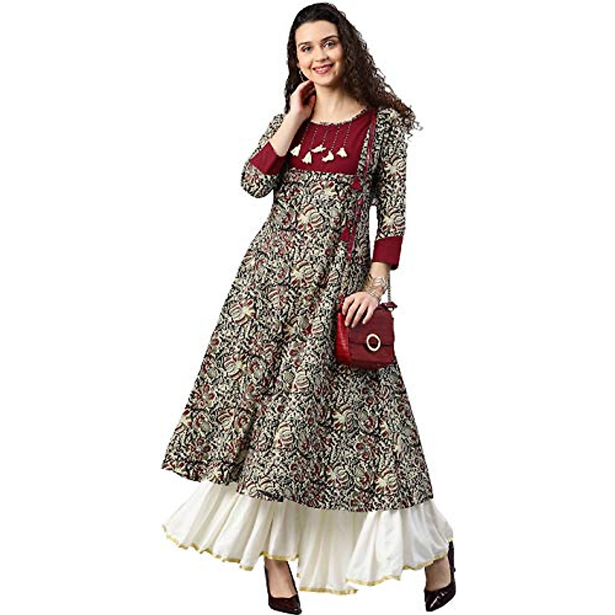 Rayon Angrakha Style Printed Indian Kurtis for Women (as1, alpha, x_s, regular, regular, Maroon)