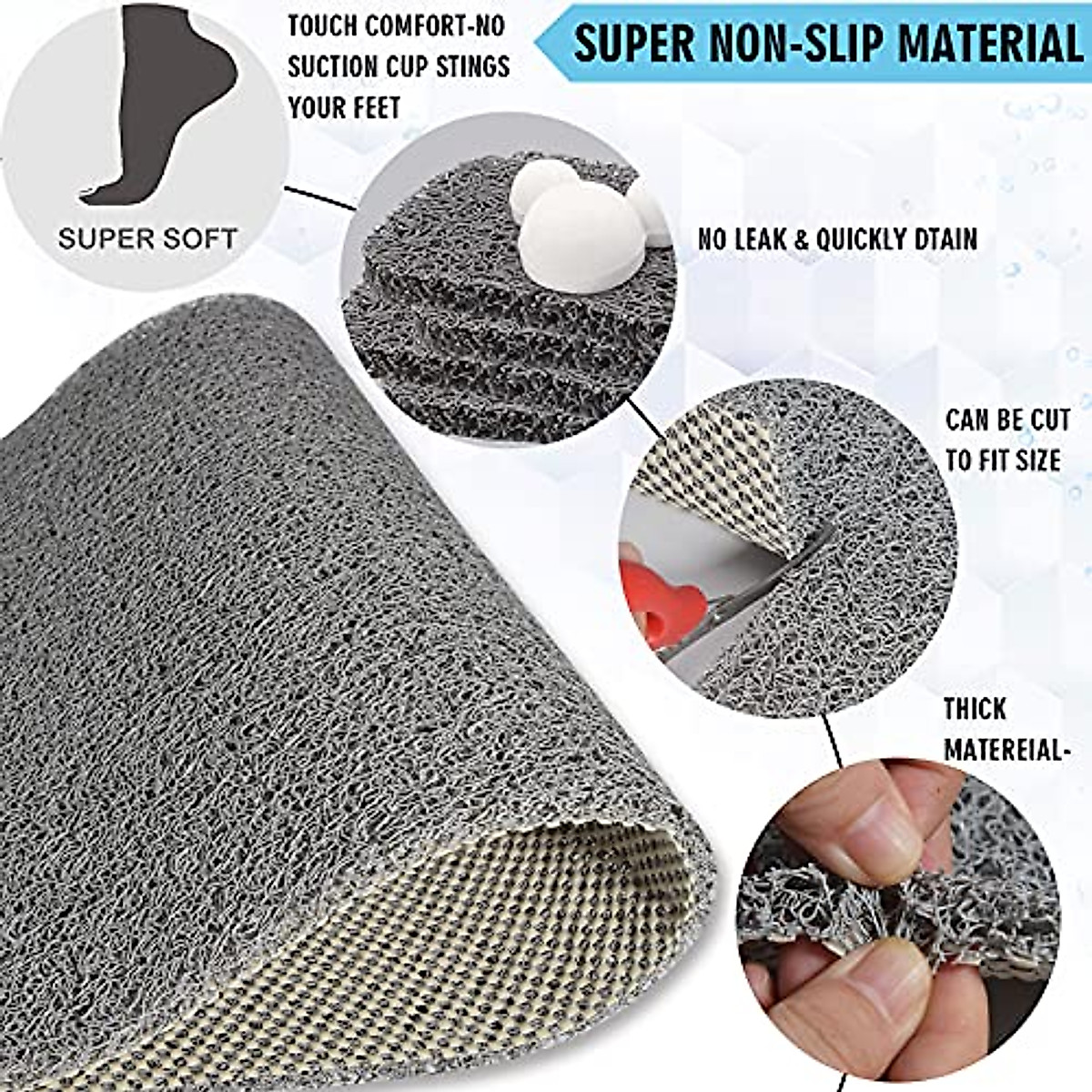 Shower Mats Non Slip Without Suction Cups, 23.6×34.6 Inch, Bath Mat for Textured Tub Surface, Loofah Mats for Shower and Bathroom, Quick Drying, Grey
