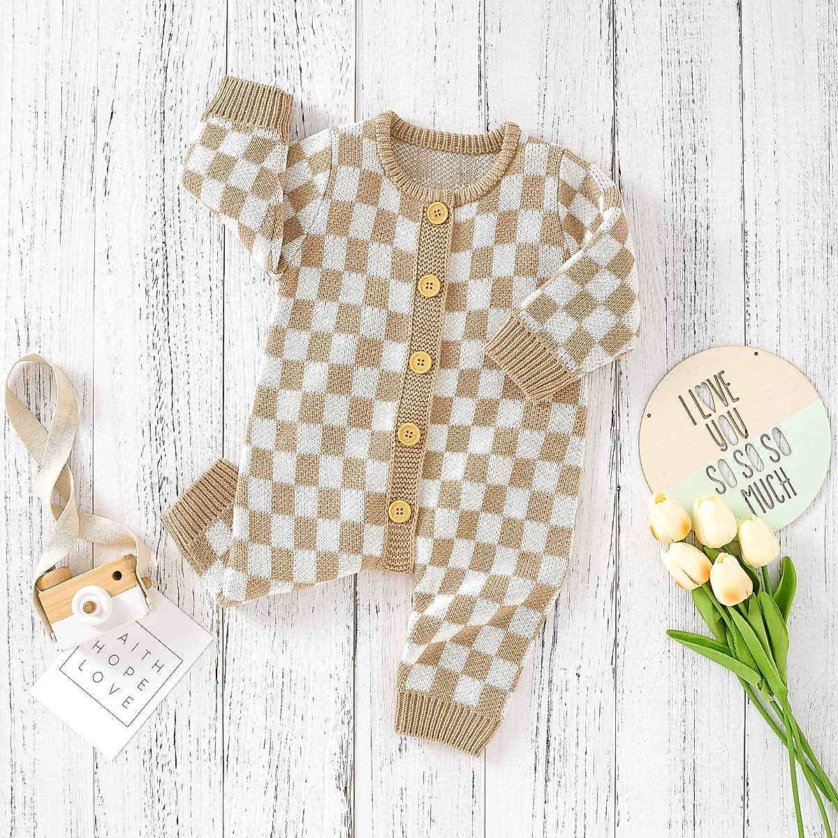 SAYOO Unisex Baby Girl Boy Knitted Romper Jumpsuit Checkerboard Plaid One Piece Button Down Sweater Playsuit Clothes (Camel, 0-3 Months)