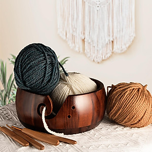 Wooden Yarn Bowl Holder, Craft Knitting Bowl with 8pcs Metal Crochet Hooks, 7.9''Large Yarn Holder Dispenser Yarn Storage Bowls, for Knitters & Crocheters (Brown 7.9 inch)