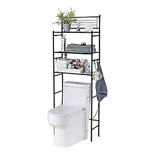 GOOITA 3-Shelf Over The Toilet Storage Bathroom Rack Space Saver Organizer Free Standing Metal Shelves with 4 Hooks, Black