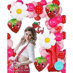 Soonlyn Berry First Birthday Decor 12Ft Strawberry Balloon Arch Kit with Strawberry Balloons Garland Foil First Daisy Dalloons for First Birthday Sweet Baby Shower