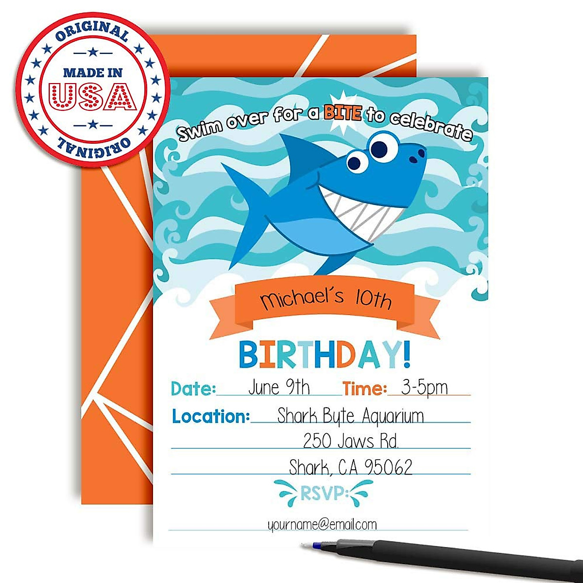 Smiling Shark Bite Birthday Party Invitations, 20 5x7 Fill In Cards with Twenty White Envelopes by AmandaCreation