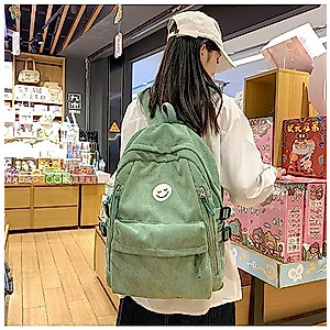 JHTPSLR Preppy Backpack Smiley Face Corduroy Backpack Cute Academia Aesthetic Backpack Autumn Corduroy Backpack Solid Book Bags (Sage Green)