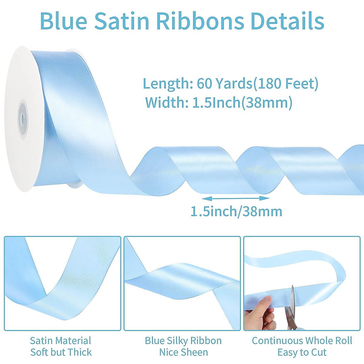 Blue Ribbon 60 Yards 1 1/2 Inch Light Blue Ribbon Baby Blue Satin Ribbon for Flower Bouquet Gift Wrapping Baby Shower Bows Craft Wedding Easter Graduation Decor