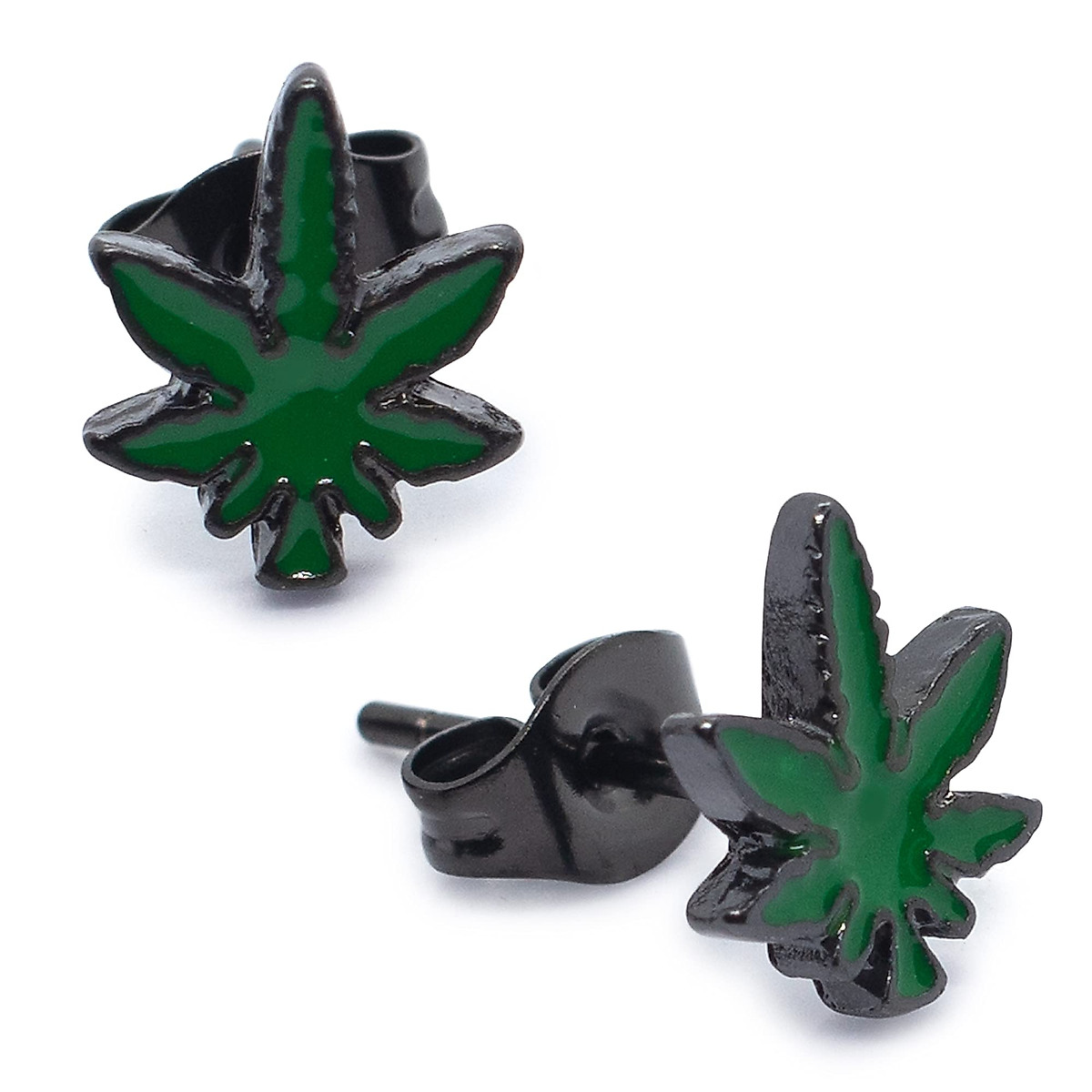 Pierce2GO Stud Earrings 316L Stainless Steel Anodized Black Ear Studs with Green Marijuana Leaf Pendant Earrings Studs for Women and Men – Marijuana Stud Earrings Set of 2