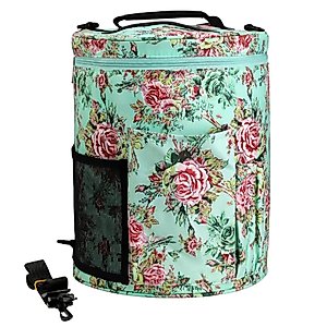 Colabrili Crochet Storage Organizer Bag, Round Wool Bucket Pouch with Peony Print, DIY Green Knitting Yarn Tote Storage Bag, Empty Round Yarn Storage Case for Knitting Supplies Set for Adults