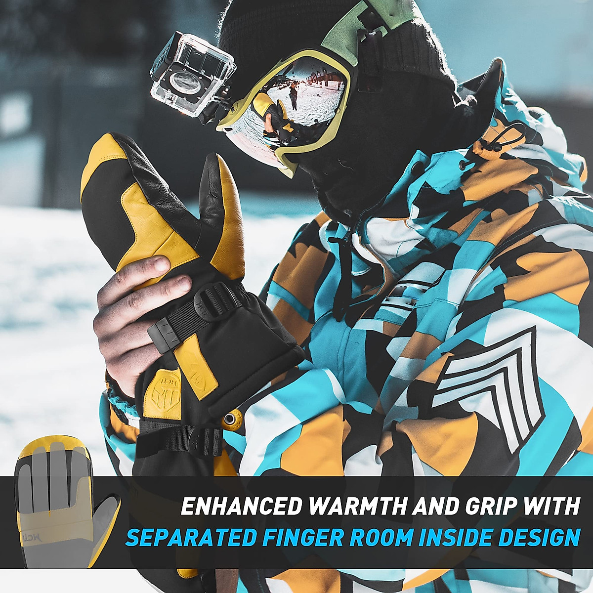 MCTi Ski Mittens Leather Mitten Winter Cold Weather Waterproof Snow Mitt for Men（Yellow, Large）