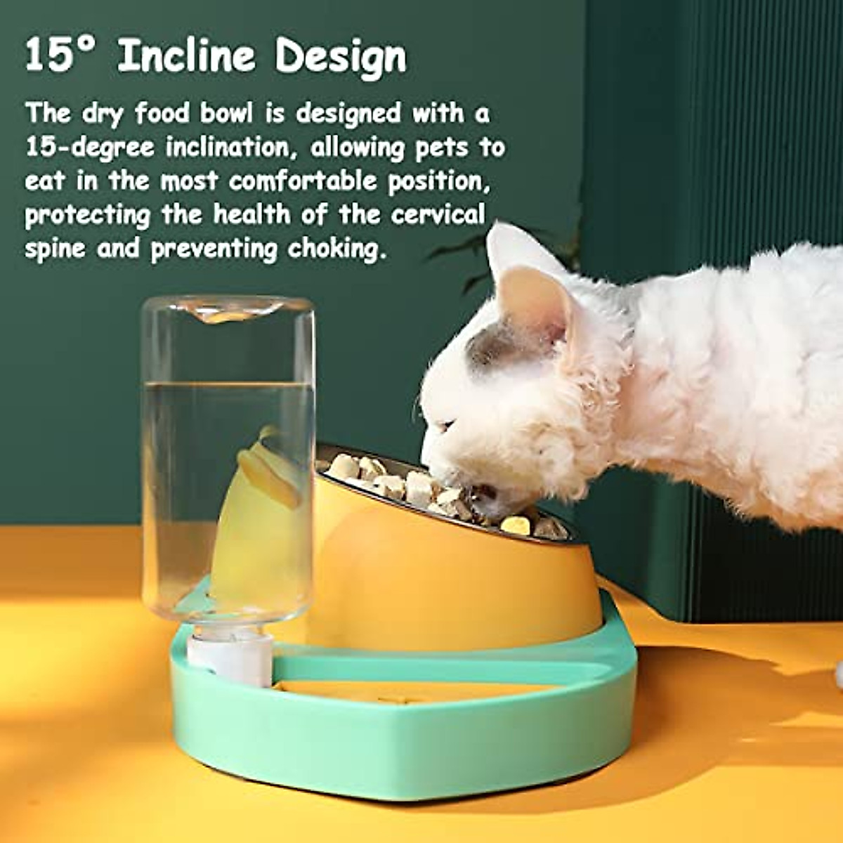 Pet Bowl Food and Water Two in One Feeder Anti-Choking Stainless Steel Dog Cat Bowl Kit Removable Automatic Water Refill No Spill Dripless Water Bottle Feeding Bowl (Blue)