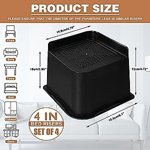 Tocawe Bed Risers 4 Inch Heavy Duty, Furniture Risers with Durable Plastic, Oversized Bed Lifts Risers Support up to 5,500 LBS for Sofa, Bed Frame, Tables, Couches, 4 Pack, Black