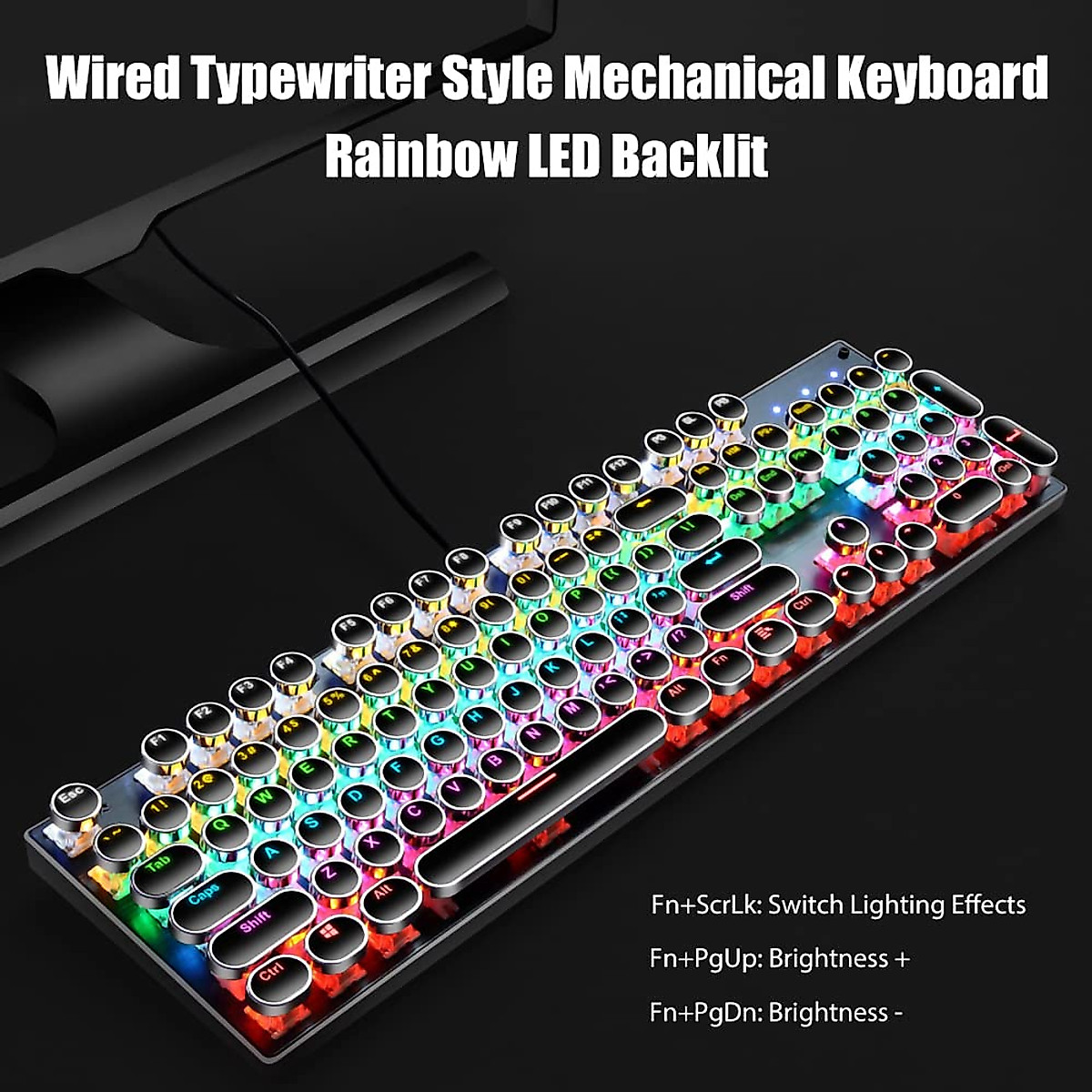 TISHLED Typewriter Style Mechanical Gaming Keyboard RGB LED Backlit 104-Key Clicky Blue Switches Retro Steampunk Round Keycaps Metal Panel Light Up Keyboard Wired USB for PC/Mac/Laptop, Black
