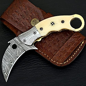 Custom Handmade Damascus Steel Karambit Folding Knife Pocket Knife Everyday Carrying Knife Camel Bone Handle with Leather Sheath