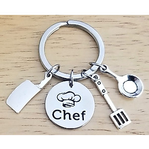 Kit's Kiss Chef Keychain Chef Gift Cooking Spatula Frying Pan Kitchen Knife Chef Hat Charms Culinary Graduation Gift, Silver, Diameter of Key Ring: 1.2 inches (3 cm)