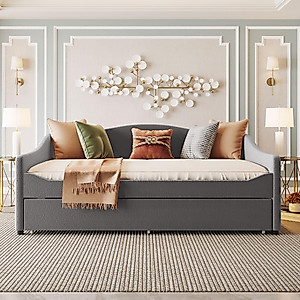 Full Size Upholstered Daybed with Trundle,Teddy Fleece Full Daybed Frame,Full Day Bed with LED Light,Tufted Sofa Bed Daybed for Bedroom,Living Room,Guest,Gray