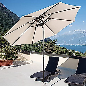 Hepoe 9' Patio Umbrella Outdoor Market Umbrellas with 8 Sturdy Ribs Push Button Tilt and Crank for Yard Garden Umbrellas (9 ft, Beige)