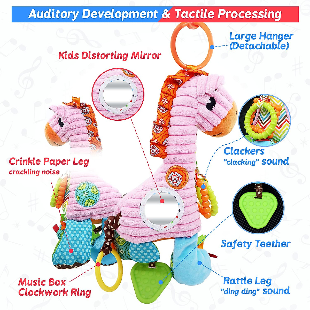 JERICETOY Car Seat Toy Baby Toy Infant Toy with Musical Box Stroller Toy Crib Toy Development Toy with Rattles Crinkle Teether Magic Mirror, Stroller Clip-On Carseat Cot Crib Bed Hanging Toy - Giraffe