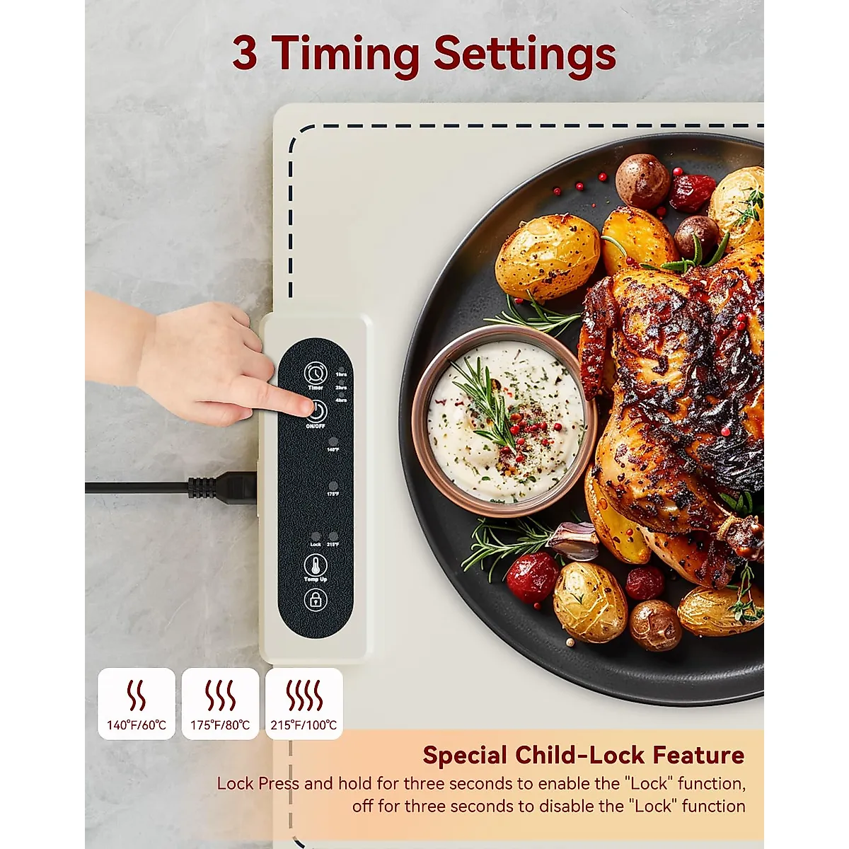 Negative ion Food Warming Mat with Adjustable Temperature,Foldable Electric Warming Tray for Parties Features 3 Modes & Fast Heating,Roll Up Food Warmer for Parties,Shabbat,Christmas （White）