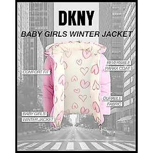 DKNY Baby Girls Winter Jacket – Reversible Puffer Jacket with Fleece Lining – Reversible Coat for Infants/Toddlers (12M-4T), Size 4T, Medium Pink/Pink Cream Hearts