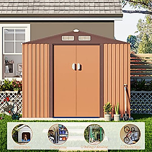 HOGYME 9.1' x 6.3' Storage Shed, Sheds & Outdoor Storage with Double Sliding/Lockable Door, Metal Tool Shed for Garden Backyard Patio Lawn, Coffee