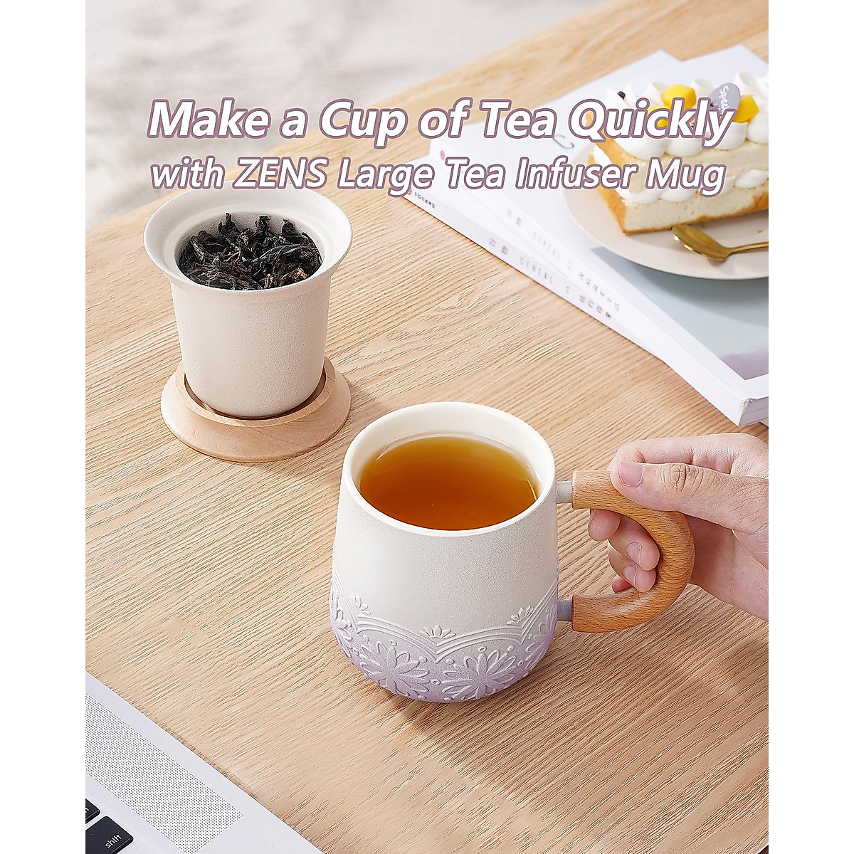 ZENS Tea Mug with Infuser and Lid for Loose Leaf Tea Steeper, 11 oz Embossed Ceramic Tea Cup with Strainers for Tea Steeper, Wood Handle Gradient Tea Cup for Daughter, Collector's Mug Gifts
