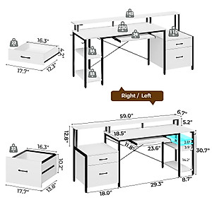 Rolanstar Computer Desk 59" with File Drawer, Gaming Desk with LED Light & Power Outlets, Home Office Desk with File Cabinet & Storage Shelves, with Monitor Stand & Keyboard Tray, White