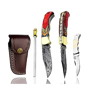 Multi Wood Unique Beautiful 6.5'' Custom Handmade Damascus Steel Brass Bolster Back Lock Folding Pocket Knife Sharpening Rod 100% Prime Quality Plus Beautiful Blue Wood Stainless Steel Pocket Knive