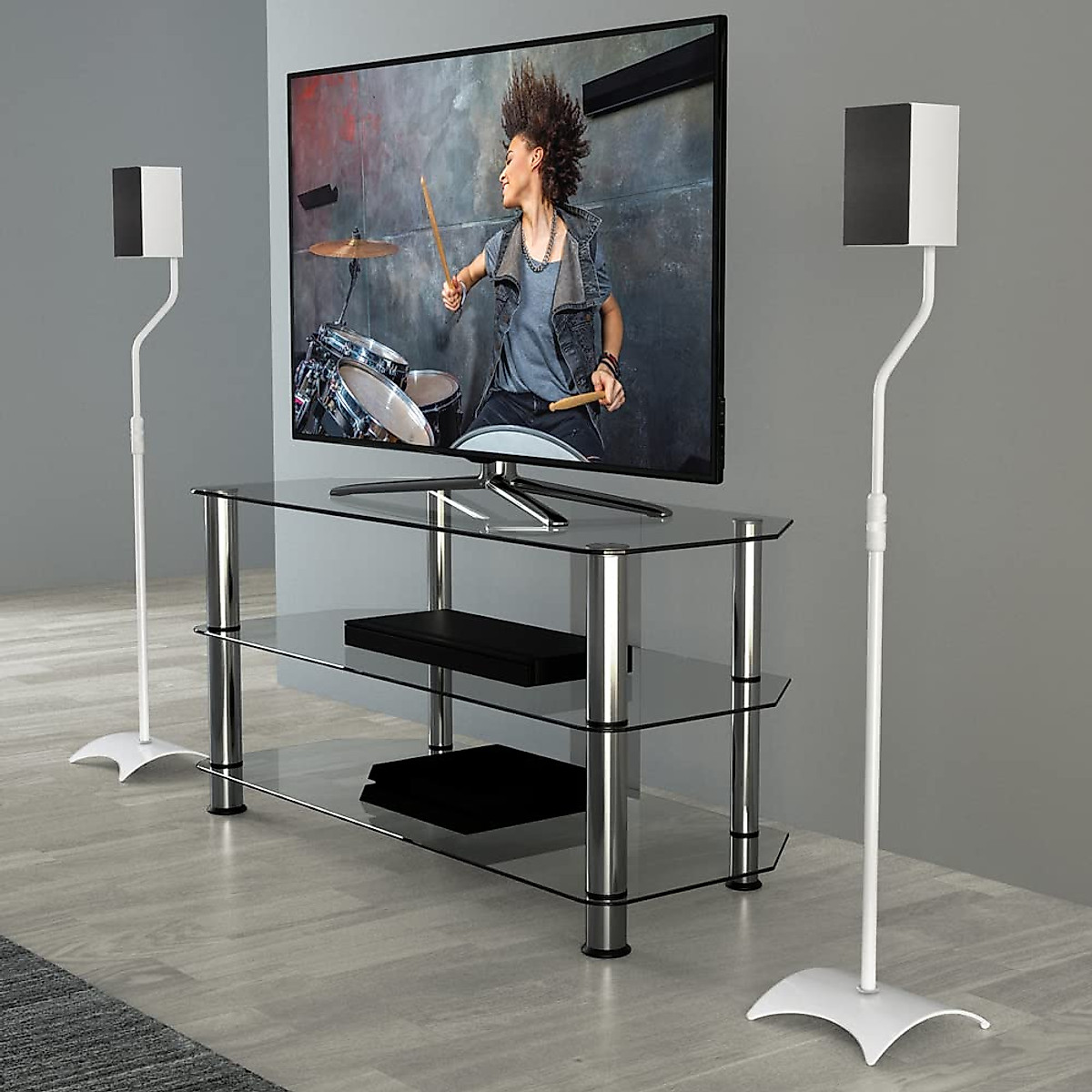 AVF Steel Speaker Floor Stands with Adjustable Height in White (Set of 2)