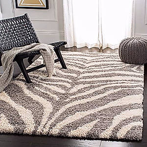 SAFAVIEH Portofino Shag Collection 6'7" Square Ivory/Grey PTS215A Zebra Abstract Non-Shedding Living Room Bedroom Dining Room Entryway Plush 2-inch Thick Area Rug
