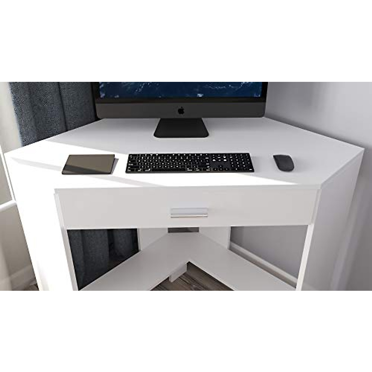 Roomsmart Ideal Gloss White Compact Modern Corner Computer Writing Desk for Home Office
