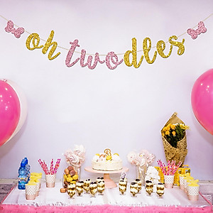 INNORU Oh Twodles Banner - Happy 2nd Birthday Party Decor for Girls - Cartoon Mouse Theme 2nd Birthday Party Decorations Supplies, Pink & Gold Glitter