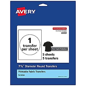 Avery Dark Transfer Paper for T-Shirts, 7.5" Diameter Pre Die-Cut Iron-On Circle Transfers, Print-to-the-Edge, 5 Sheets of Heat Transfer Paper, 5 Total (02233)