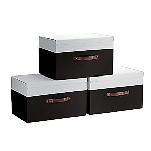Ornavo Home 3 Pack Collapsible Storage Bins with Lid, Foldable Linen Fabric Shelf Storage Basket Closet Organizer and Large Storage Box for Clothes with Leather Handles, 15 x 10 x 9, White/Black