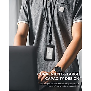 VULKIT ID Badge Holder with Lanyard for Women and Men Vertical Leather Badge Holder with Clear ID Window Card Holder Slot and Money Pocket Black