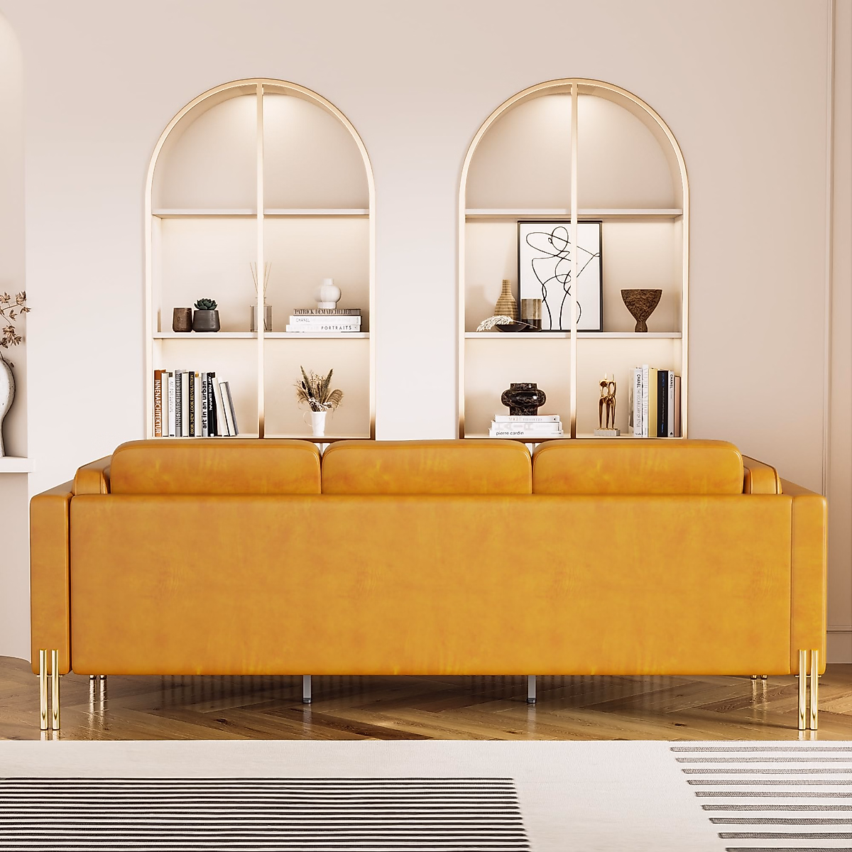 Lostcat 94"PU Leather Sofa, Mid-Century Modern Loveseat Couches Modern Sofa,94" Sofa with Reversible PU Leather Upholstered, Large 3 Seater Sofa with Gold Metal Legs for Living Room Comfy Couch,Brown